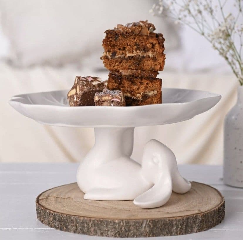 White Ceramic Bunny Cake Display Stand - Easter Fun Home Accessory