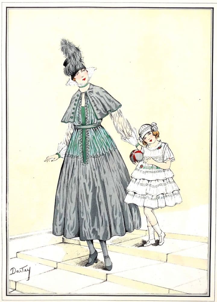 ANTIQUE FASHION PRINT Mother & Child Spring Dresses Art Nouveau Old ...