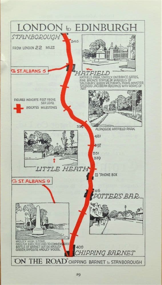 Antique Map BARNET POTTER S BAR HATFIELD Original Pictorial Road Map c1920