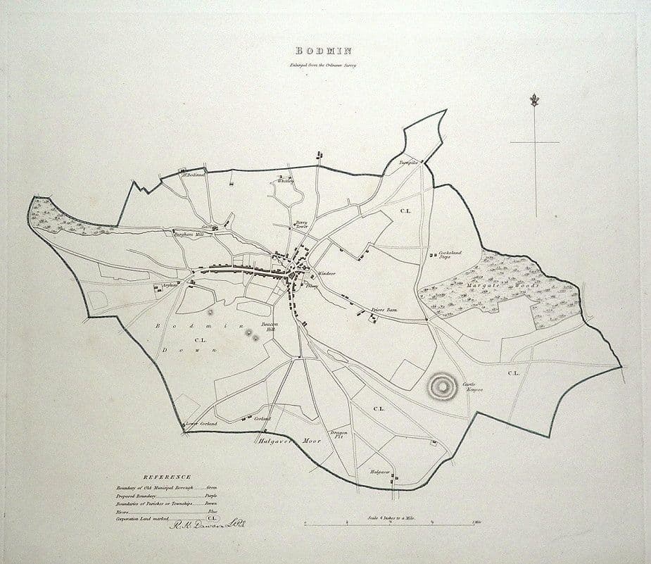 Antique Map BODMIN CORNWALL ENGLAND Street Plan Dawson Original map 1832
