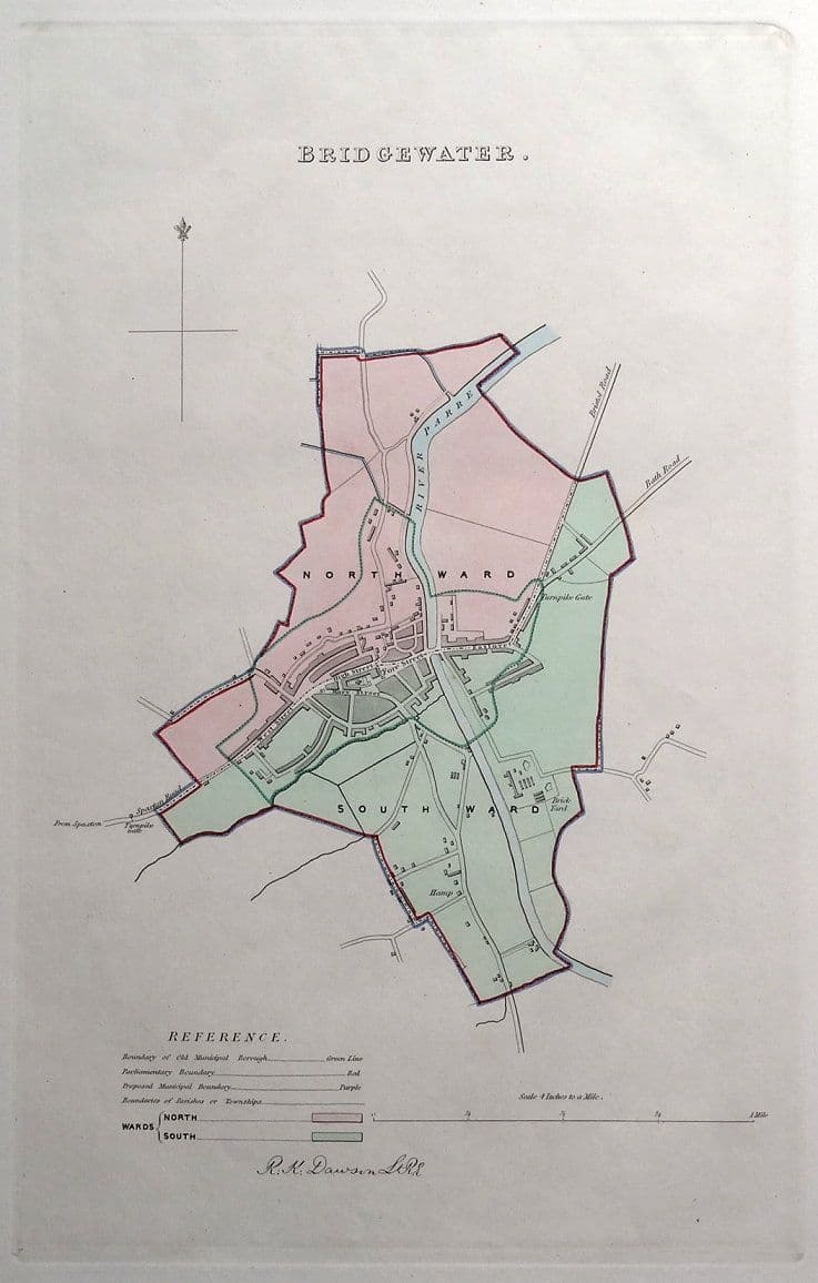 Antique Map BRIDGWATER SOMERSET ENGLAND Street Plan Dawson Original 1832