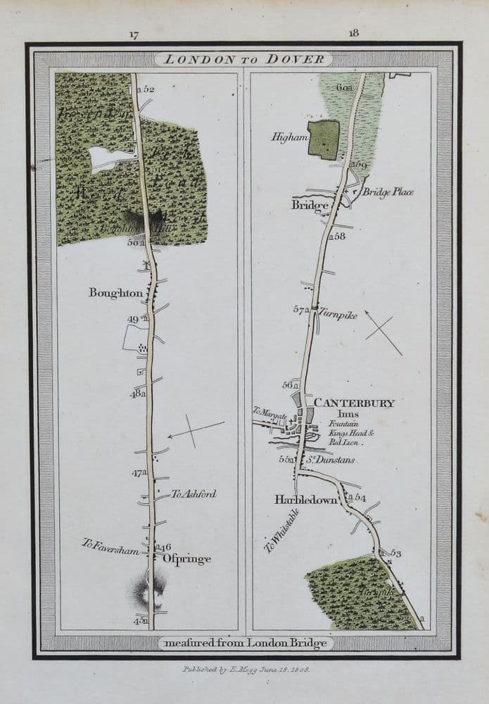 Antique Map CANTERBURY OSPRINGE BOUGHTON BRIDGE KENT E Mogg Strip Road ...