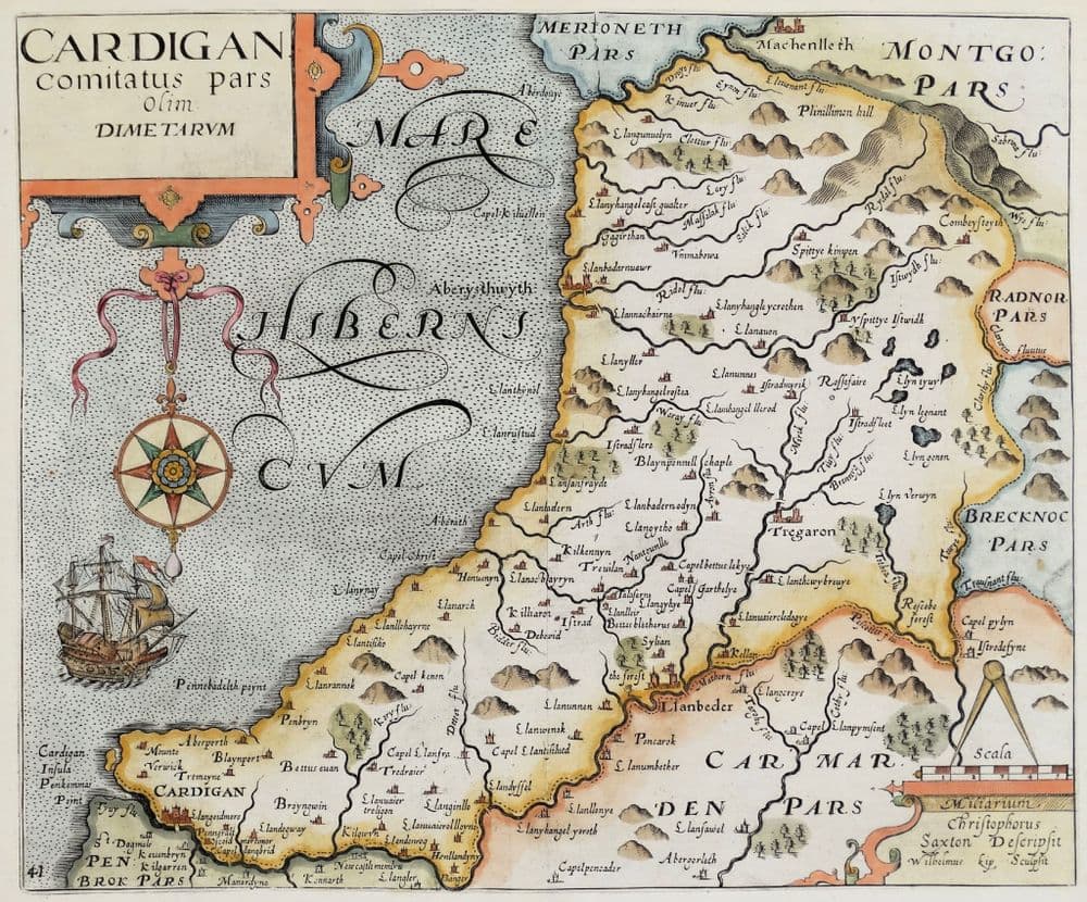 Antique Map CARDIGANSHIRE WALES C Saxton W Kip W Camden original 1637