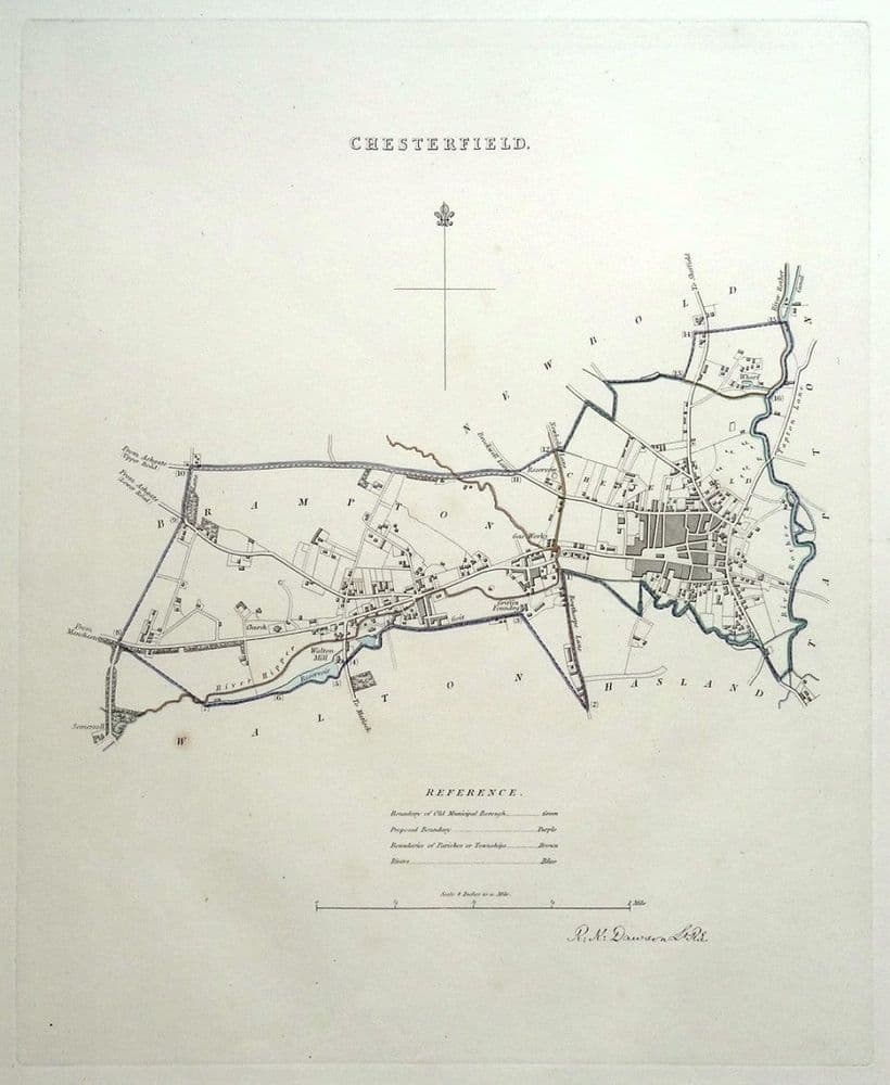 Antique Map CHESTERFIELD DERBYSHIRE Street Plan Dawson Original 1832