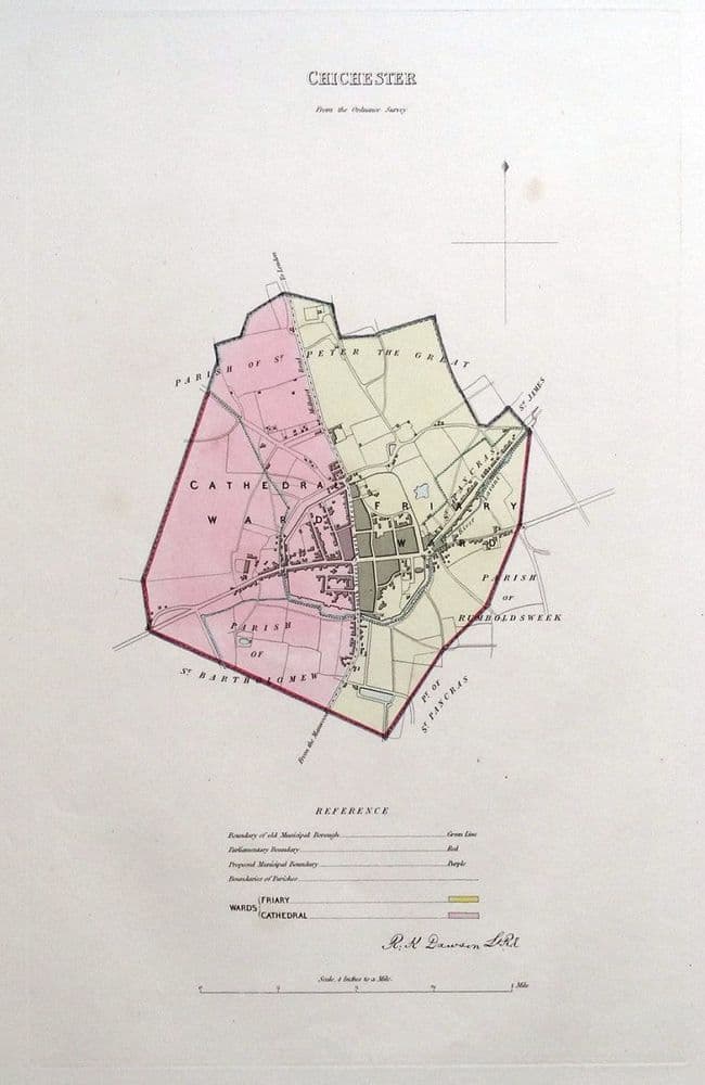 Antique Map CHICHESTER WEST SUSSEX Street Plan Dawson Original 1832
