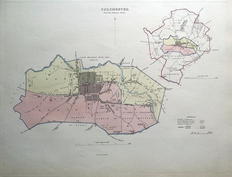 Antique Map COLCHESTER ESSEX ENGLAND Street Plan Dawson Original 1832