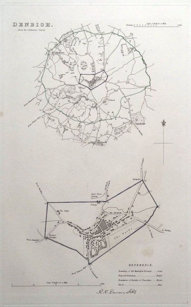 Antique Map DENBIGH WALES Street Plan Dawson Original 1832
