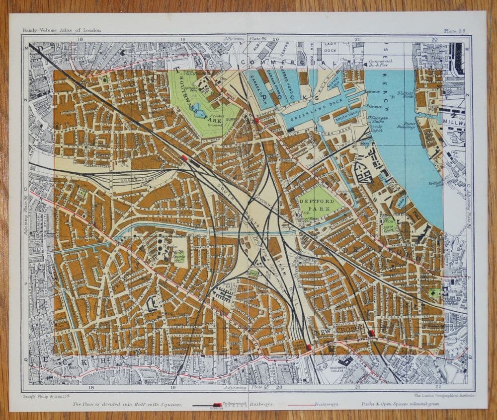 Antique Map DEPTFORD PECKHAM ROTHERHITHE Surrey Quays London street ...