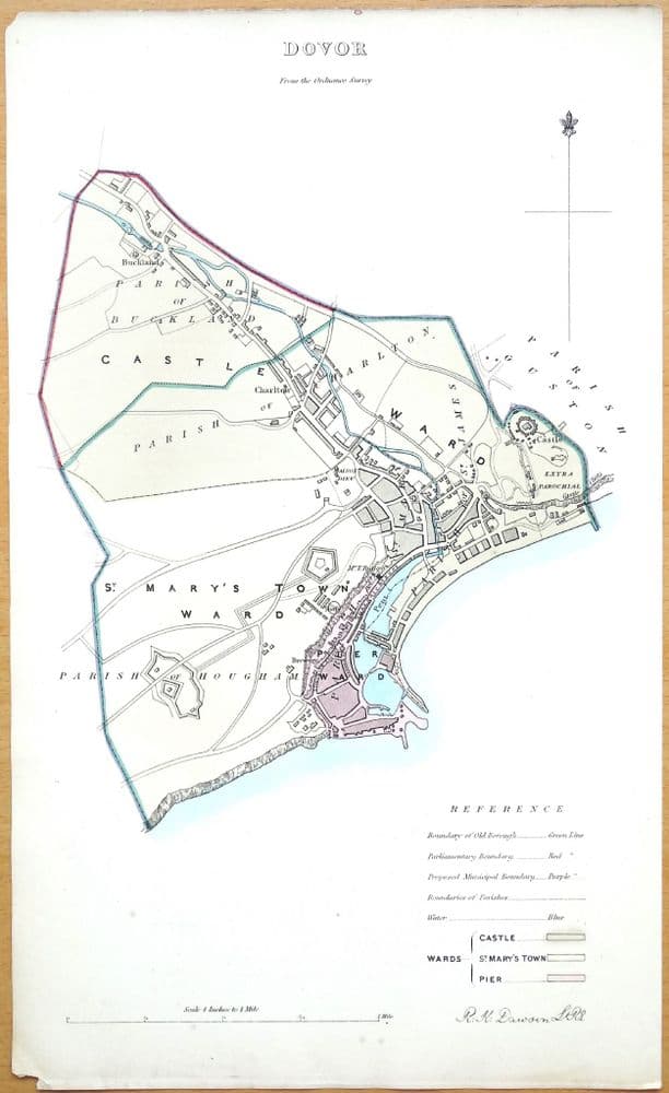 Antique Map DOVER KENT Town Street Plan Dawson Original Hand Coloured 1832