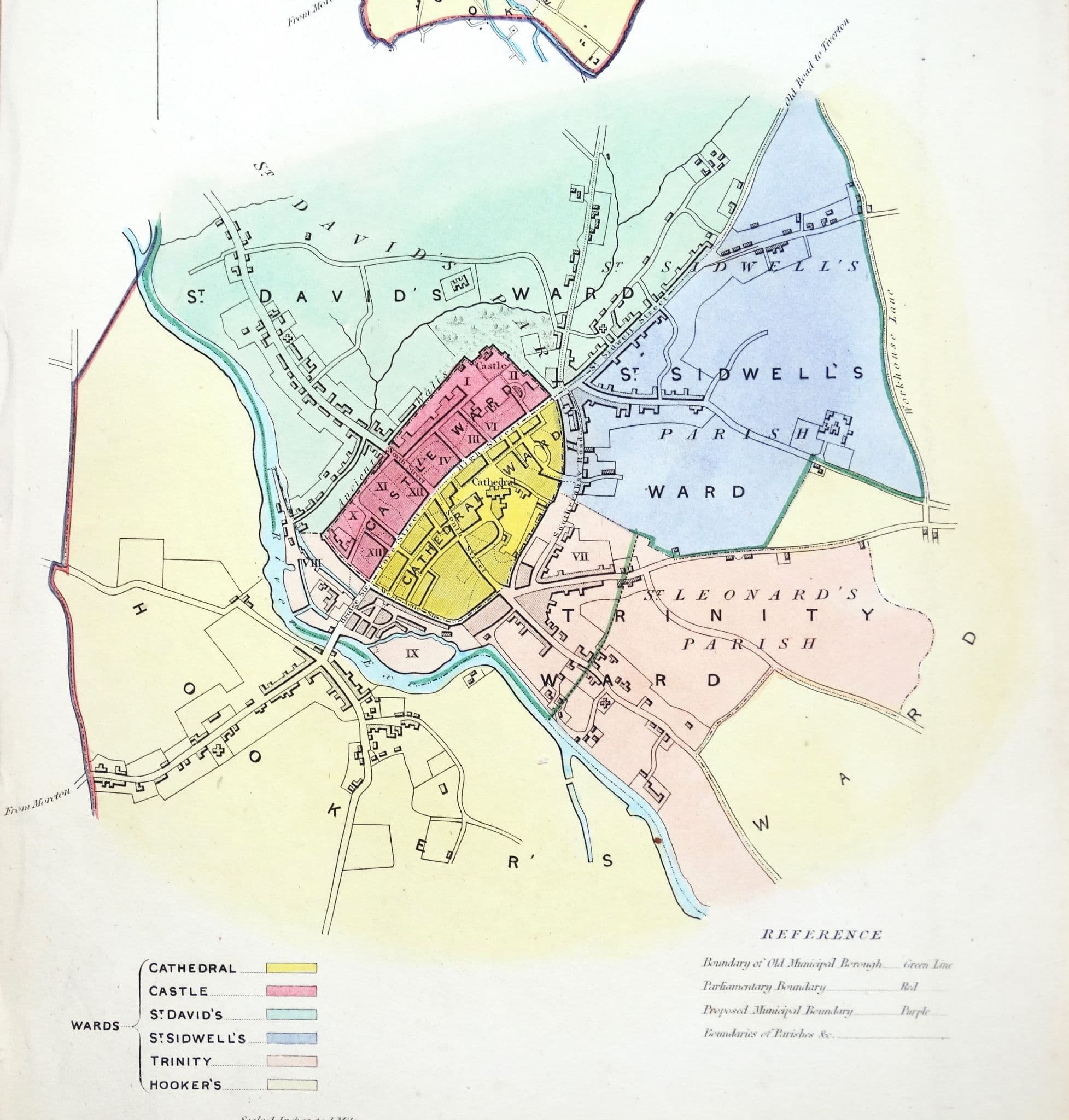 Antique Map EXETER DEVON City Street Plan Dawson Hand Coloured Original ...