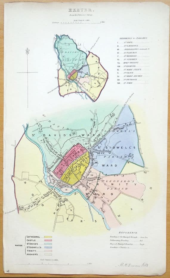 Antique Map EXETER DEVON City Street Plan Dawson Hand Coloured Original ...