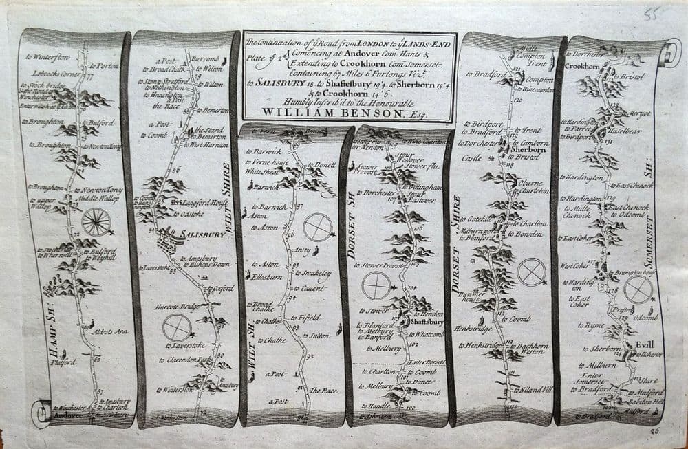 Antique Map HAMPSHIRE ANDOVER To CREWKERNE Gardner Original Strip Road ...