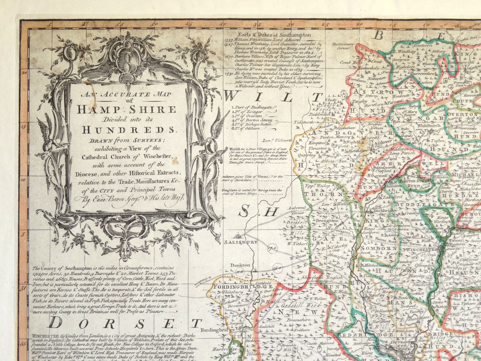 Antique Map HAMPSHIRE Emanuel Bowen Royal English Atlas Original 1777