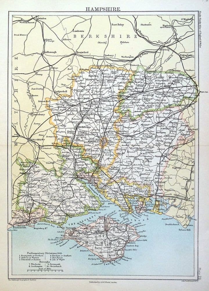 Antique Map HAMPSHIRE John Bartholomew Original 1892