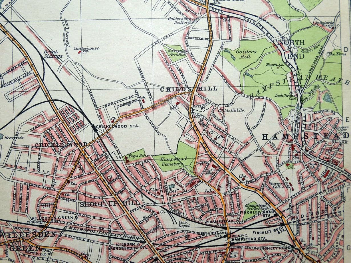 Antique Map HAMPSTEAD HENDON NEASDEN Original Vintage London Street ...