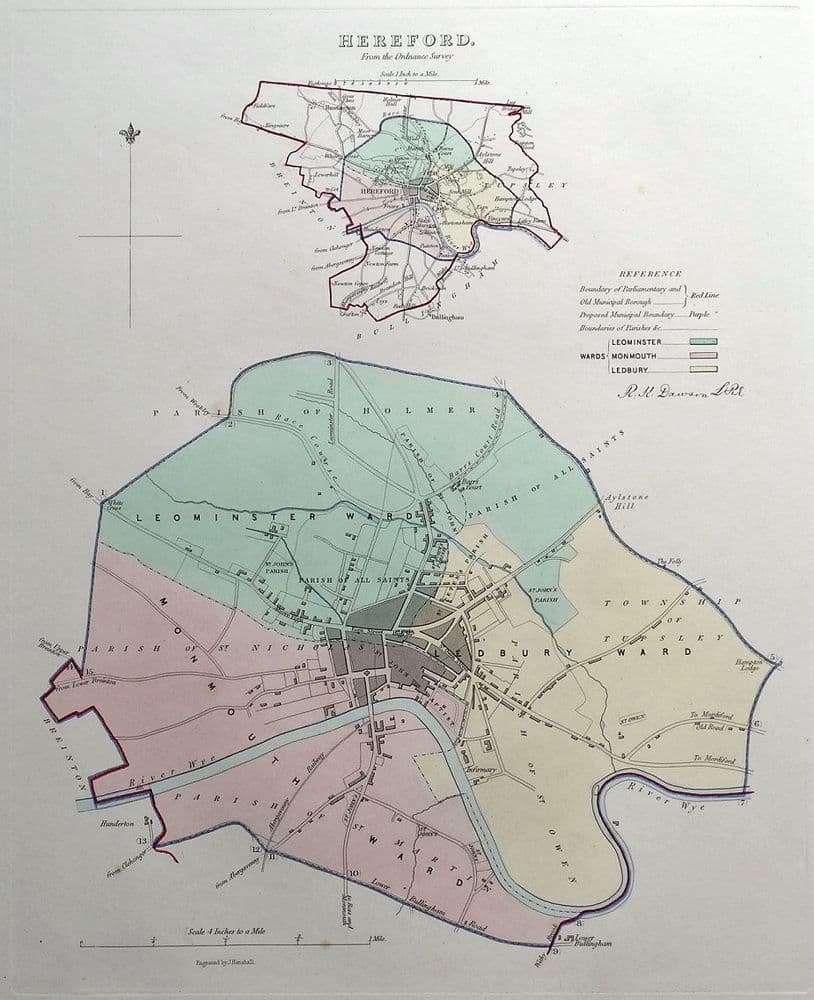Antique Map HEREFORD ENGLAND Street Plan Dawson Original 1832