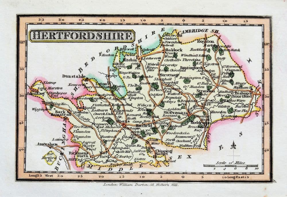 Antique Map HERTFORDSHIRE Darton Hand Coloured Original Miniature ...