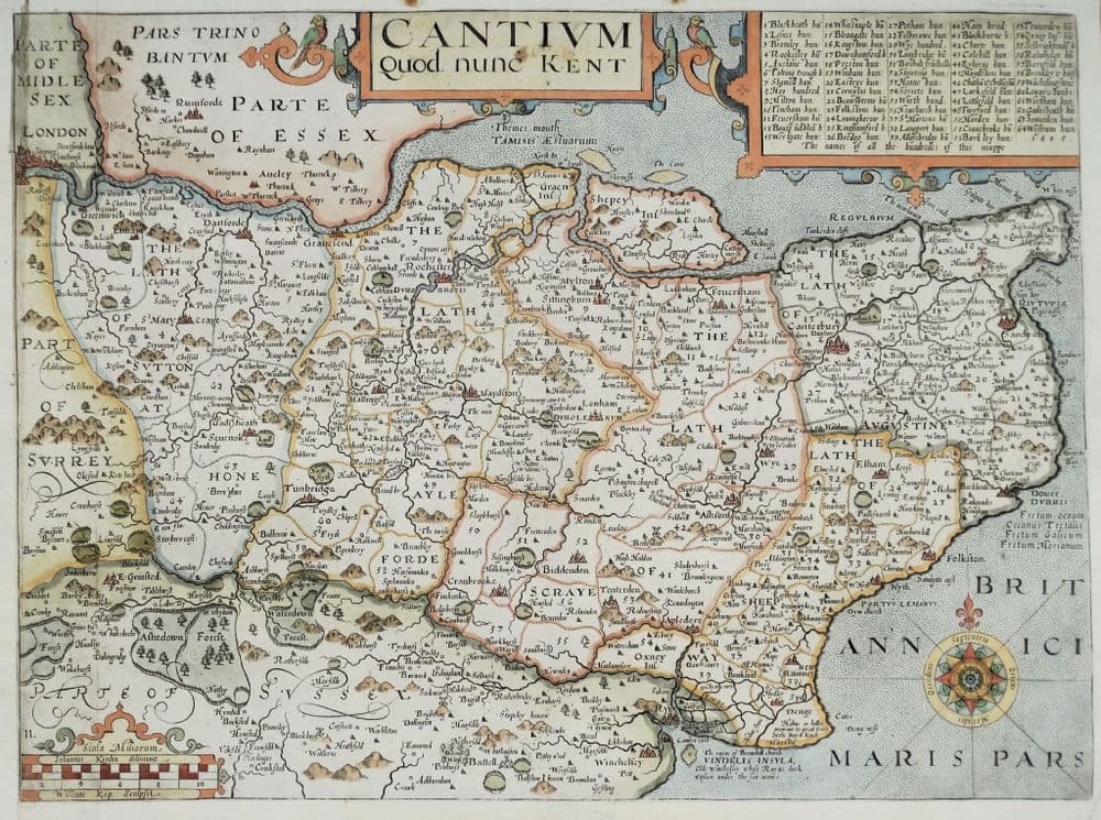 Antique Map KENT CANTIUM John Norden & William Kip Camden original 1637