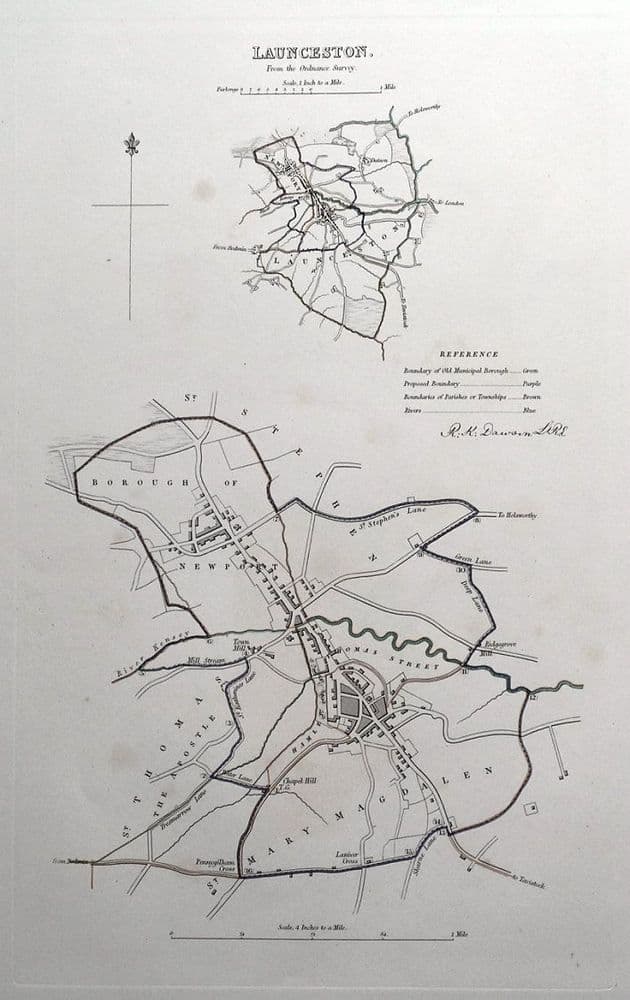 Antique Map LAUNCESTON CORNWALL UK Street Plan Dawson Original 1832