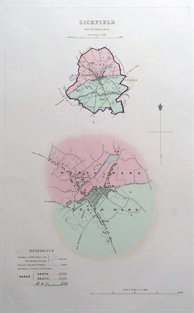 Antique Map LICHFIELD STAFFORDSHIRE UK Street Plan Dawson Original 1832