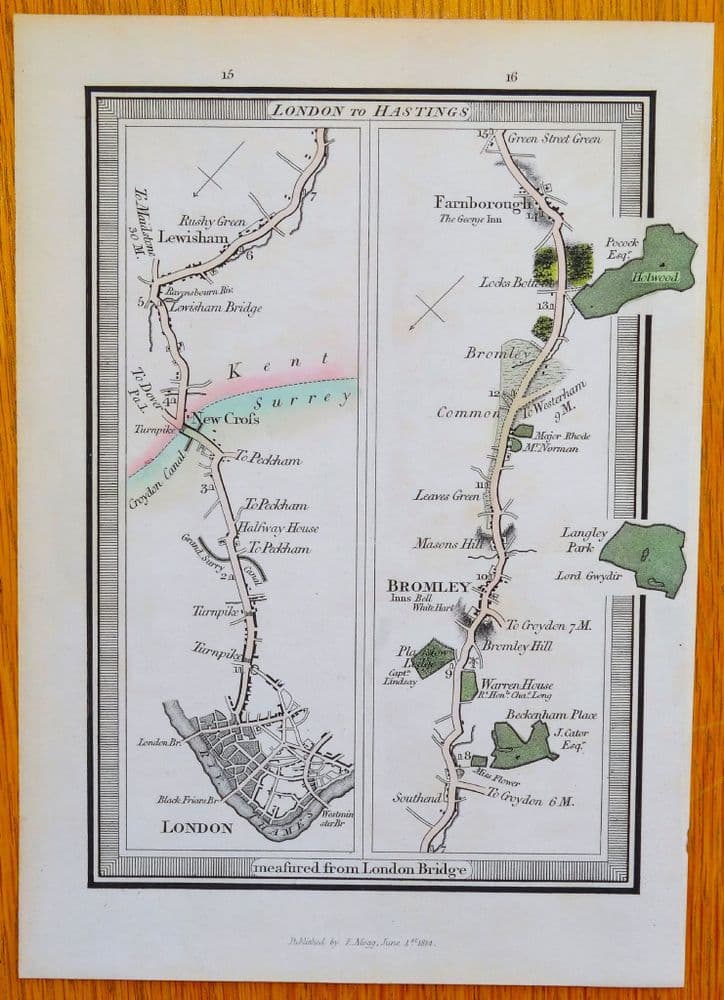 Antique Map LONDON New Cross Lewisham Farnborough Bromley E Mogg Strip ...