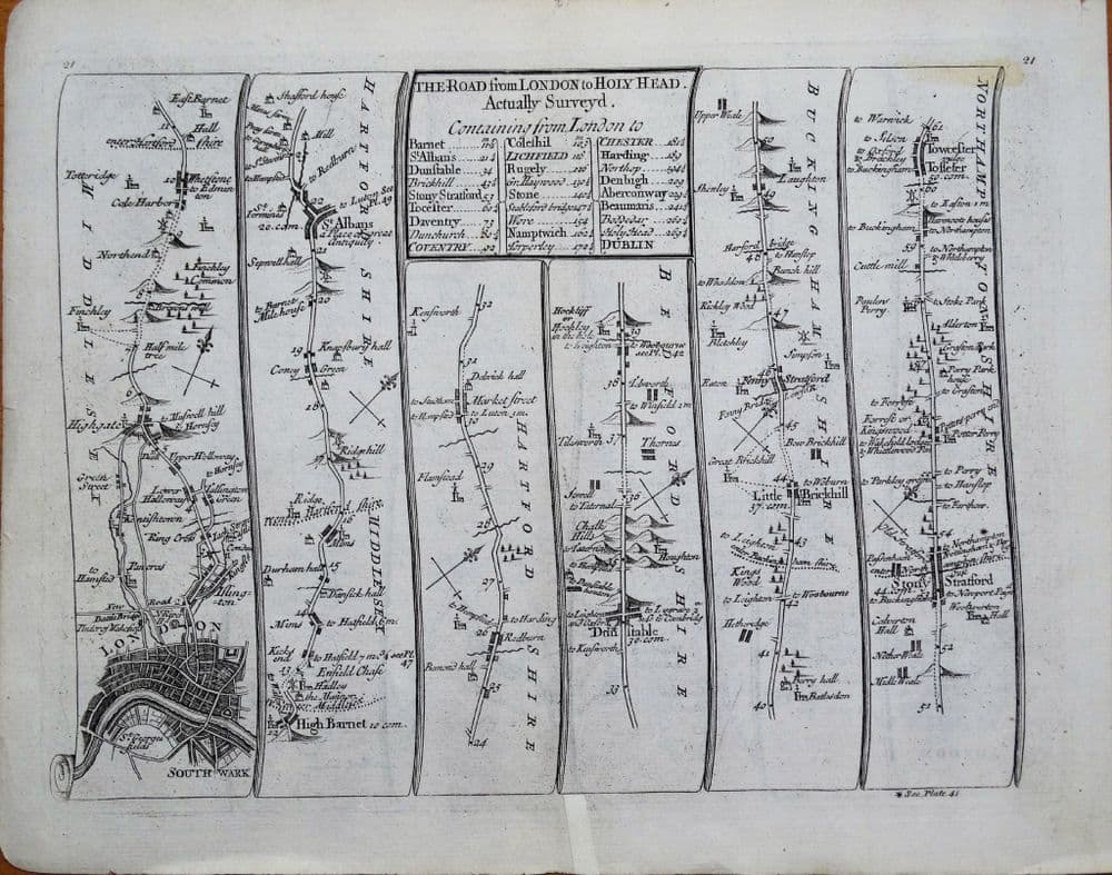 Antique Map LONDON TO TOWCESTER Highgate Barnet St Albans Senex Strip ...