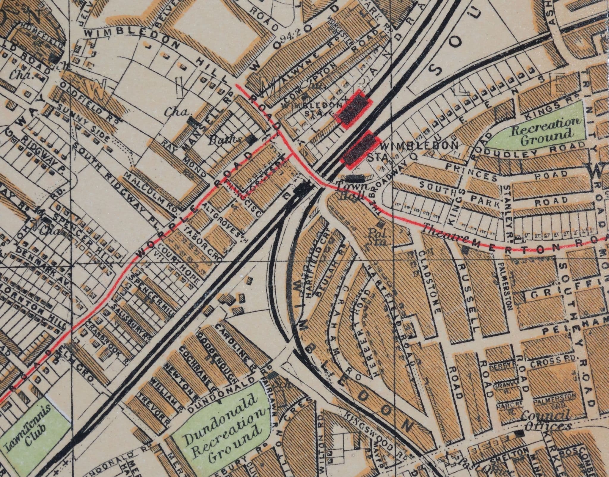 Antique Map MERTON SOUTH WIMBLEDON Lower Tooting London street plan c1925