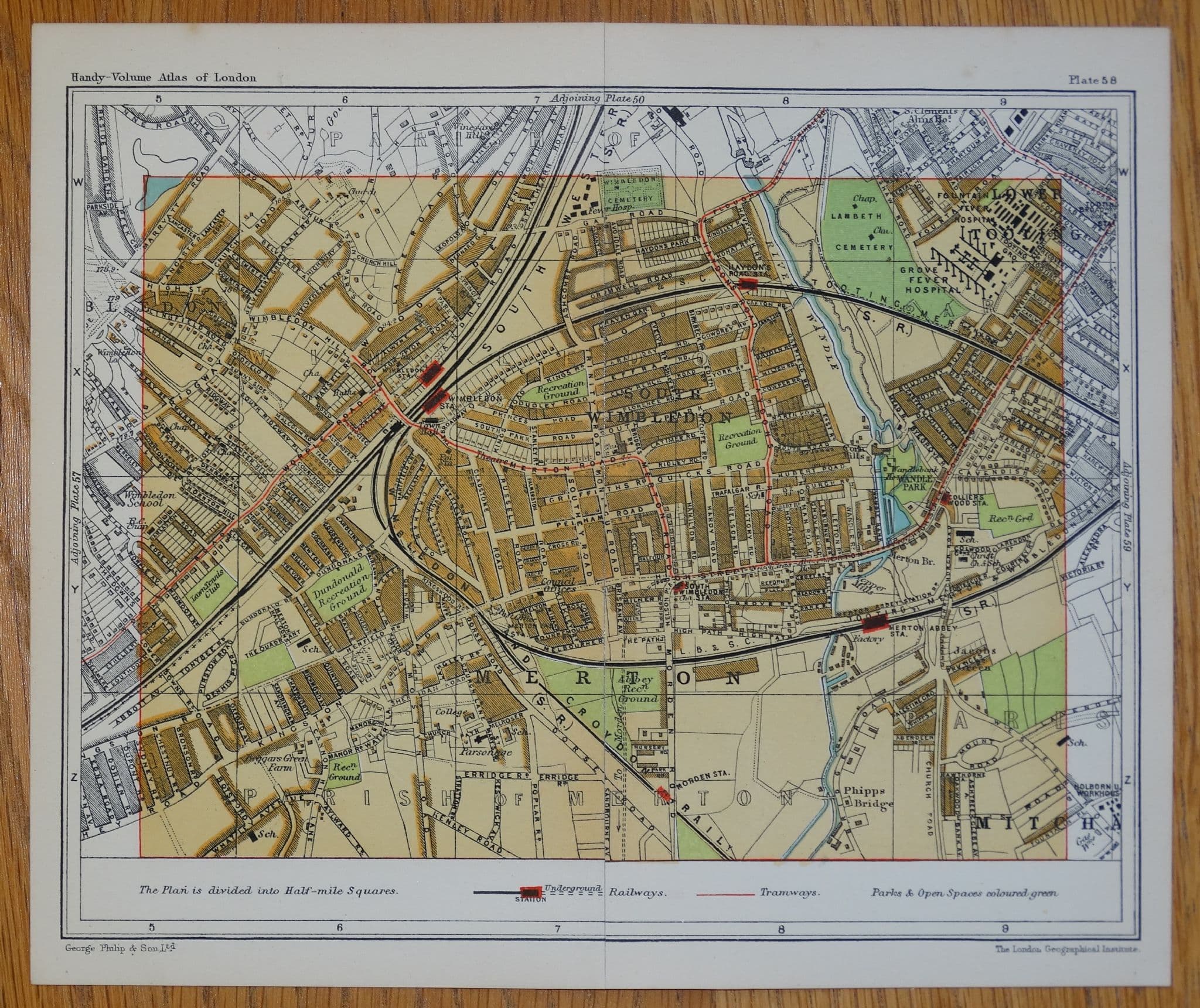 Antique Map MERTON SOUTH WIMBLEDON Lower Tooting London street plan c1925