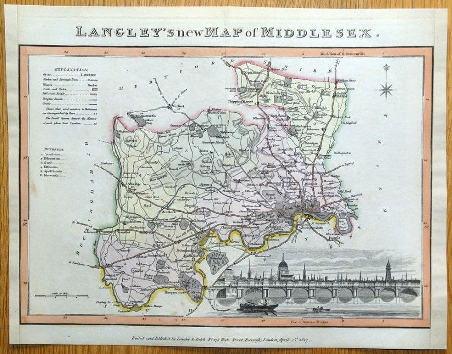 Antique Map MIDDLESEX LONDON Langley & Belch Original County Map 1818
