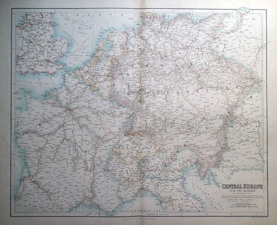 Antique Map RAILWAYS OF CENTRAL EUROPE Fullarton original c1865