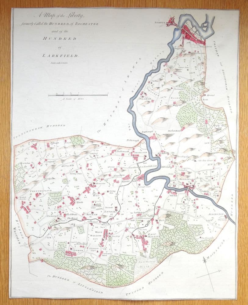 Antique Map ROCHESTER LARKFIELD HUNDRED KENT Aylesford Addington Hasted ...