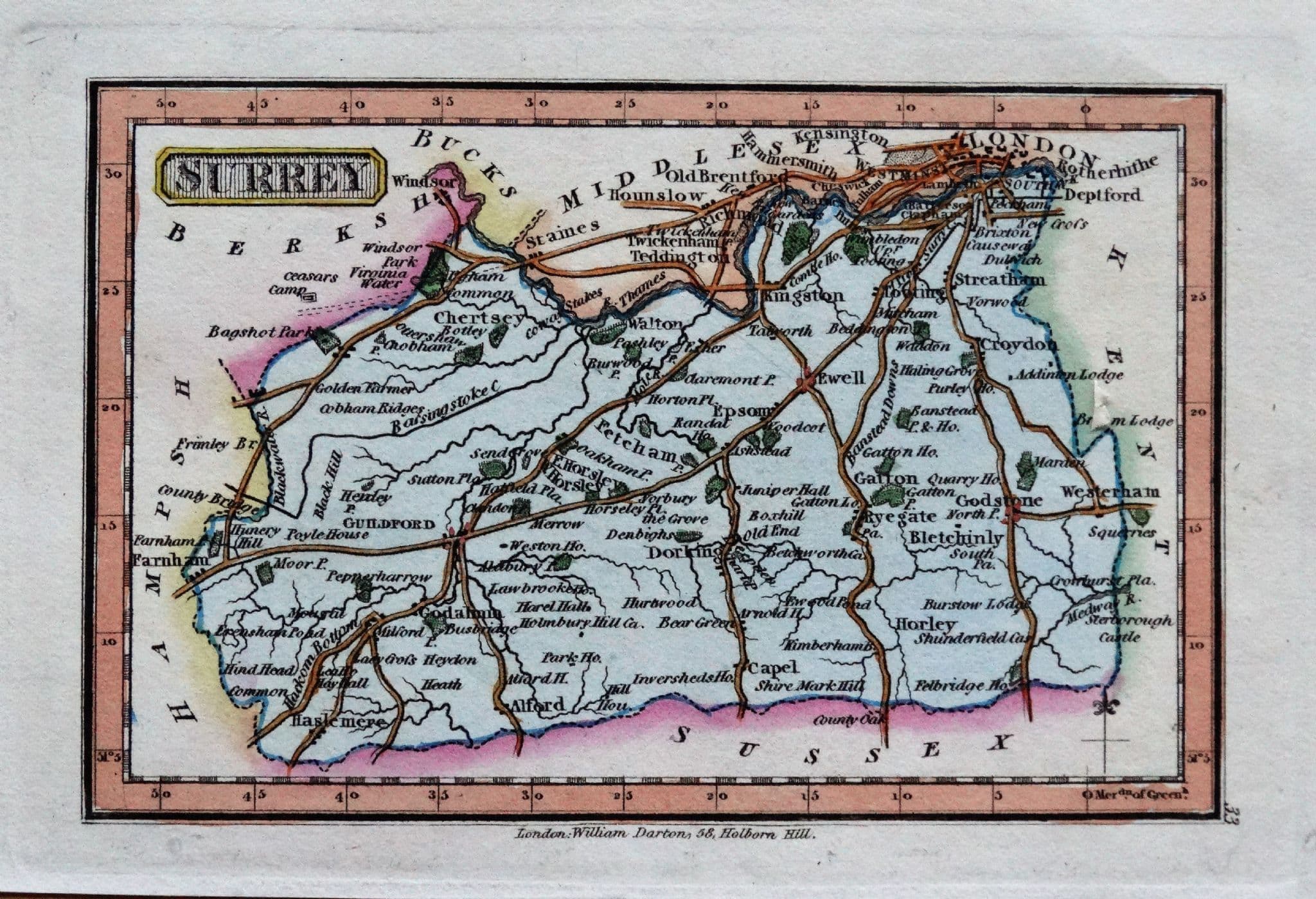 Antique Map SURREY Darton Original Hand Colour Miniature c1822