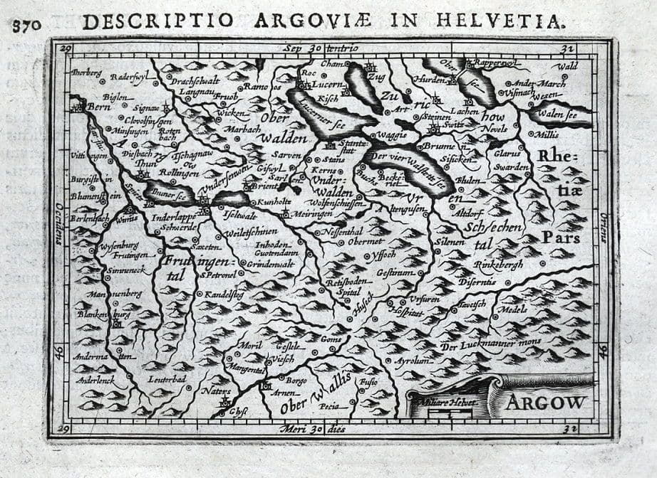 Antique Map SWITZERLAND BERN LUCERNE ALTDORF SPIEZ BERTIUS original 1618