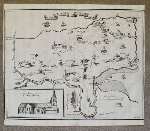 Antique Map The ISLE of THANET in KENT Samuel Parker John Harris ...