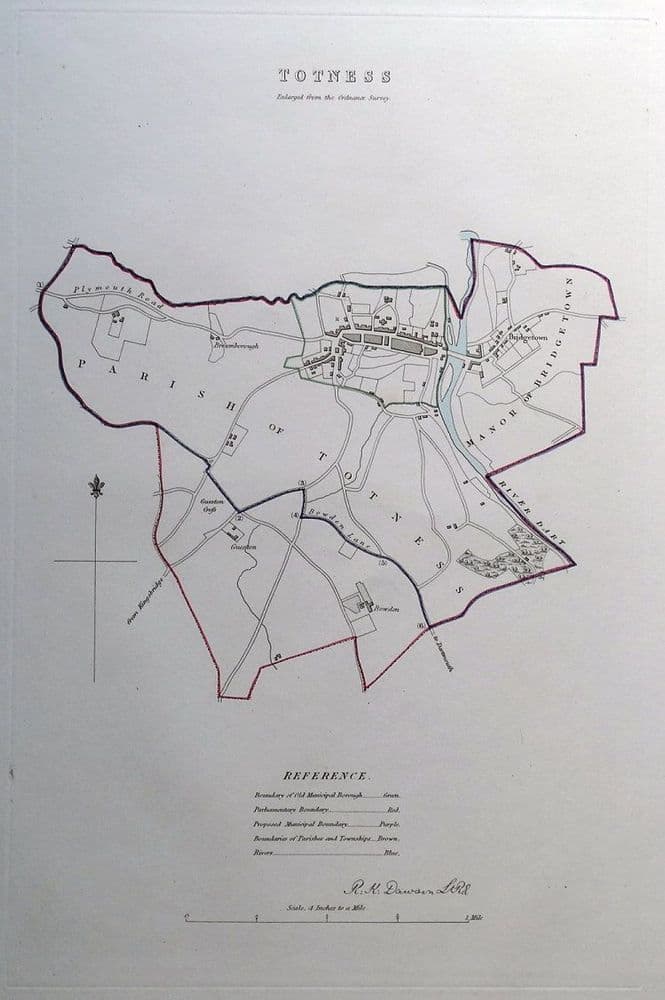 Antique Map TOTNES DEVON UK Street Plan Dawson Original 1832