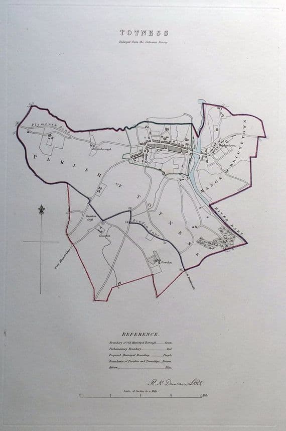 Antique Map TOTNES DEVON UK Street Plan Dawson Original 1832