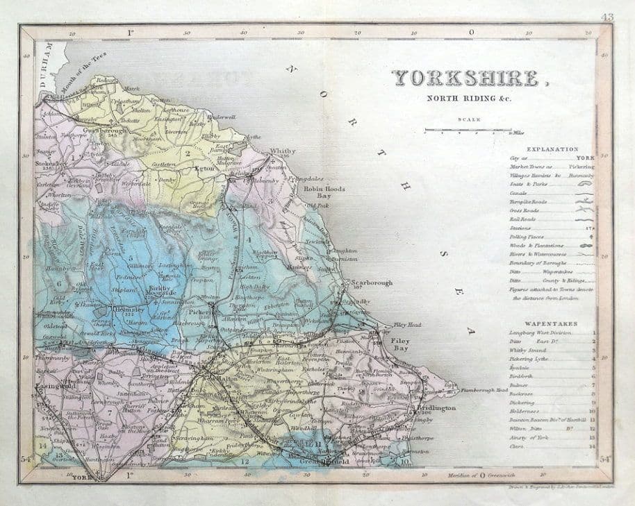 Antique Map YORKSHIRE NORTH RIDING East part J Archer Original c1845