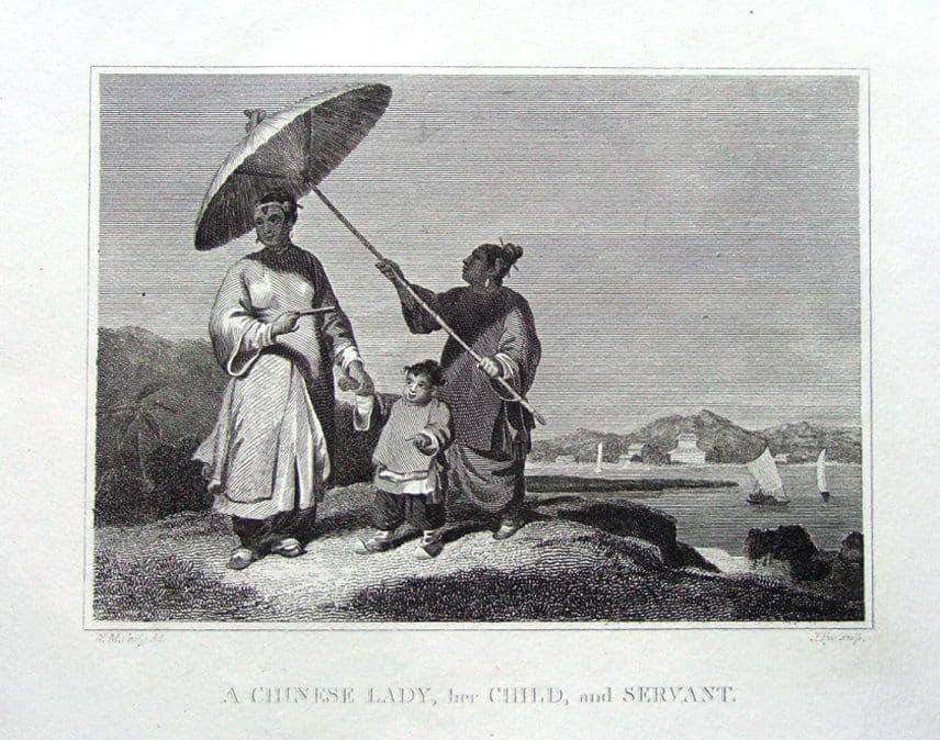 CHINA CHINESE LADY CHILD & SERVANT Antique Print 1807