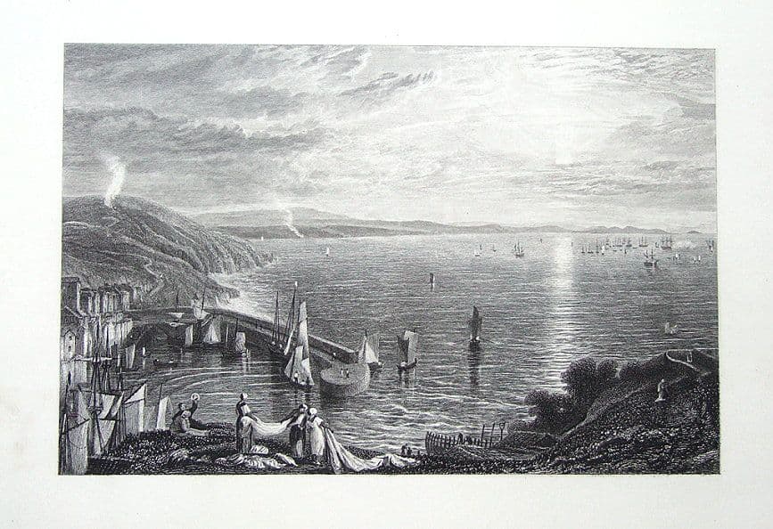 DEVON BOATS IN TORBAY HARBOUR After J M W Turner Antique Print c1840