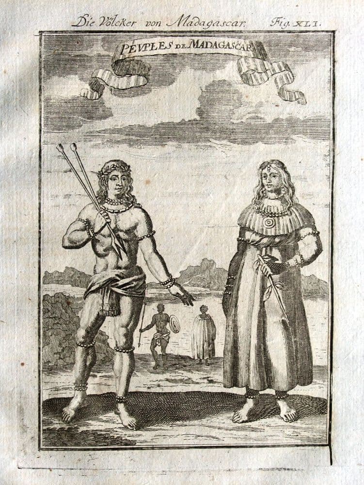 MADAGASCAR MALE & FEMALE NATIVES Allain Mallet 1719 Antique Print