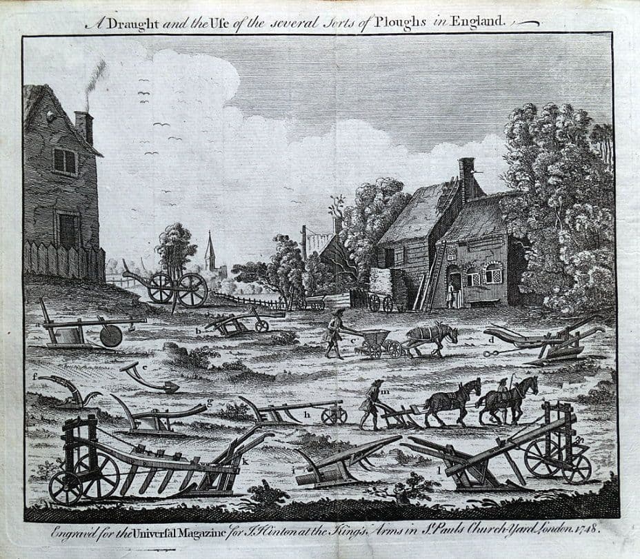 The PLOUGHS of ENGLAND C18th PLOUGHING original antique farming print 1748