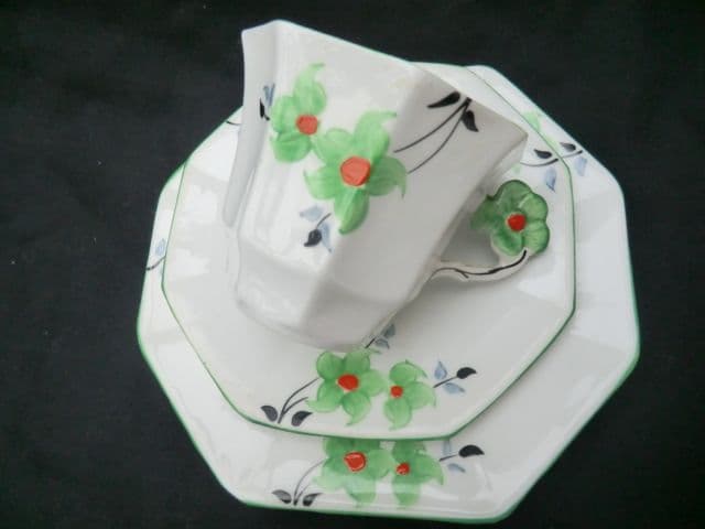 Melba china floral handle Art Deco tea trio
