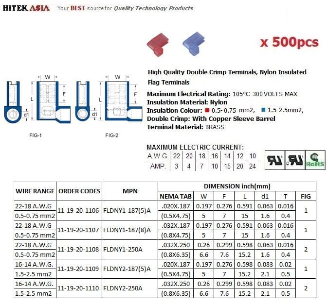 FLDNY2-250A 6 3 x 0 8mm Push-On Flag Terminals Blue Nylon Pack of 100
