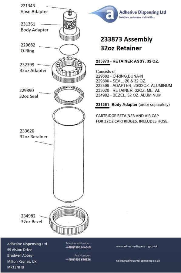 32oz Cartridge Retainer System TS918-32CS Adhesive Dispensing Ltd