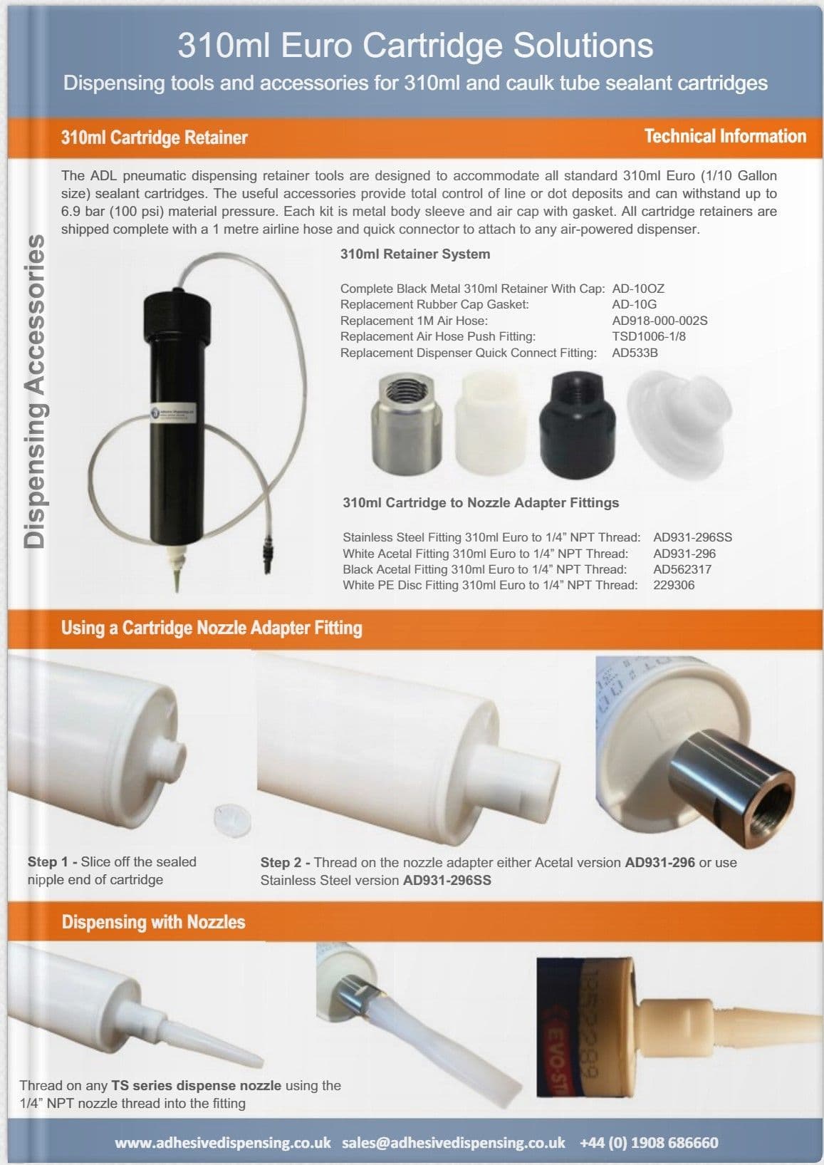 310ml Cartridge Retainer Cap & Hose AD-10OZ Adhesive Dispensing Ltd