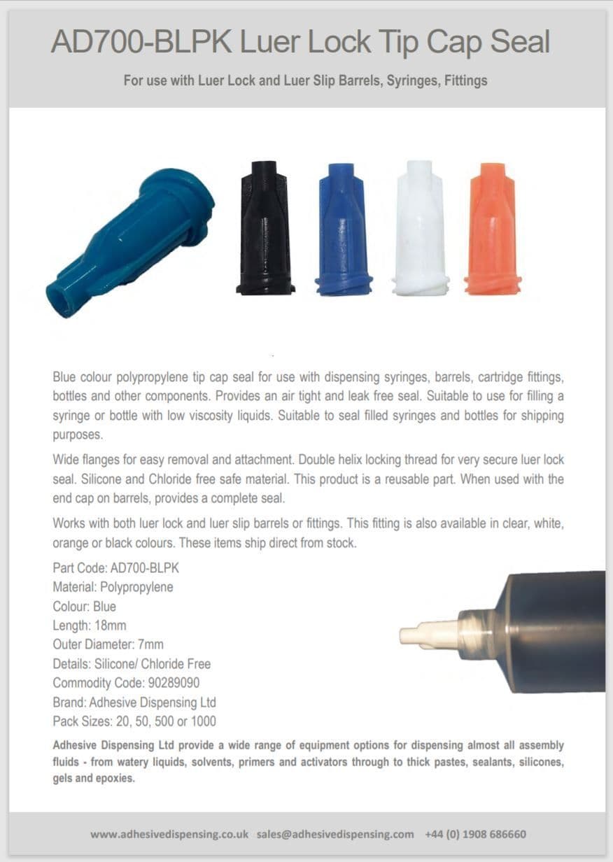 Blue Luer Lock Tip Cap Seal Fitting AD700-BL from Adhesive Dispensing Ltd