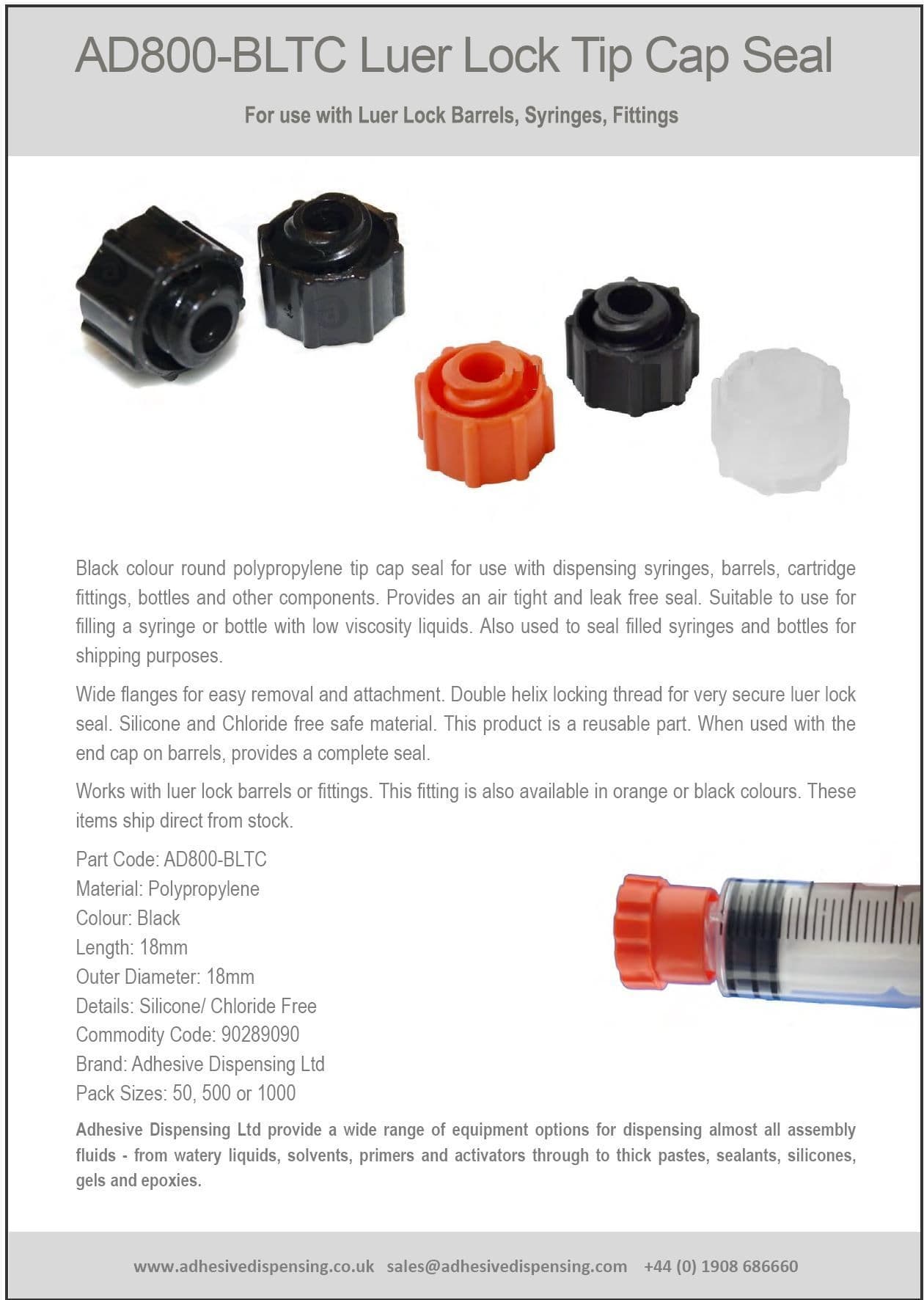 Black Luer Lock Flat Syringe Tip Cap Seal Fitting AD800-BLTC Adhesive ...