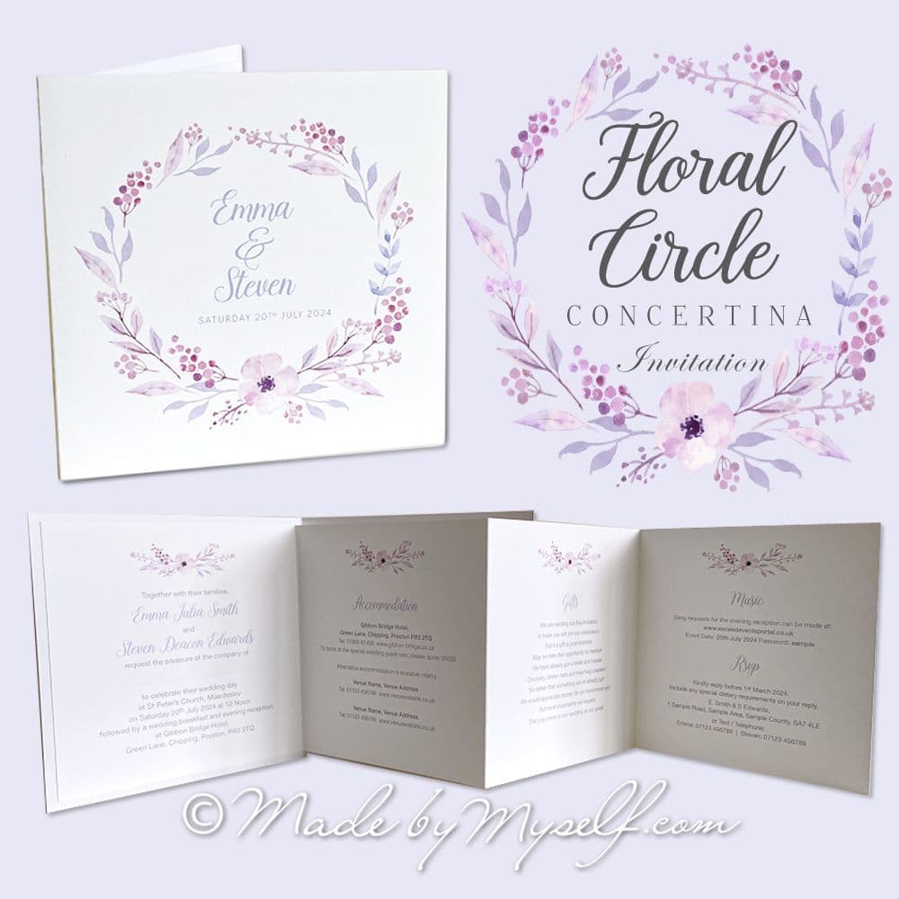 Floral Circle Wedding Invitation - Lilac - Concertina Style