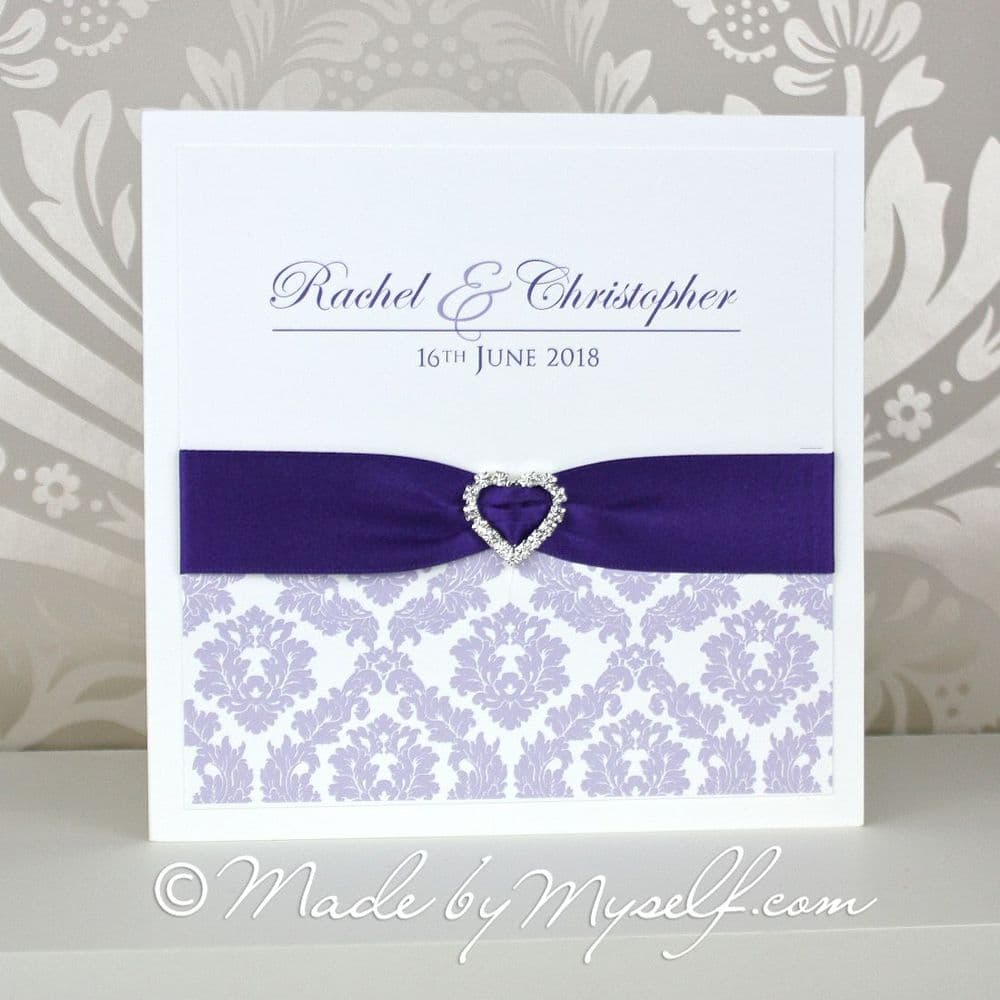 Ribbon Heart Damask Wedding Invitation