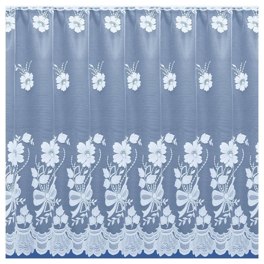 FLORAL RIBBON & BOW FLOWERED DESIGN HEAVY WHITE LACE NET CURTAIN BY THE ...